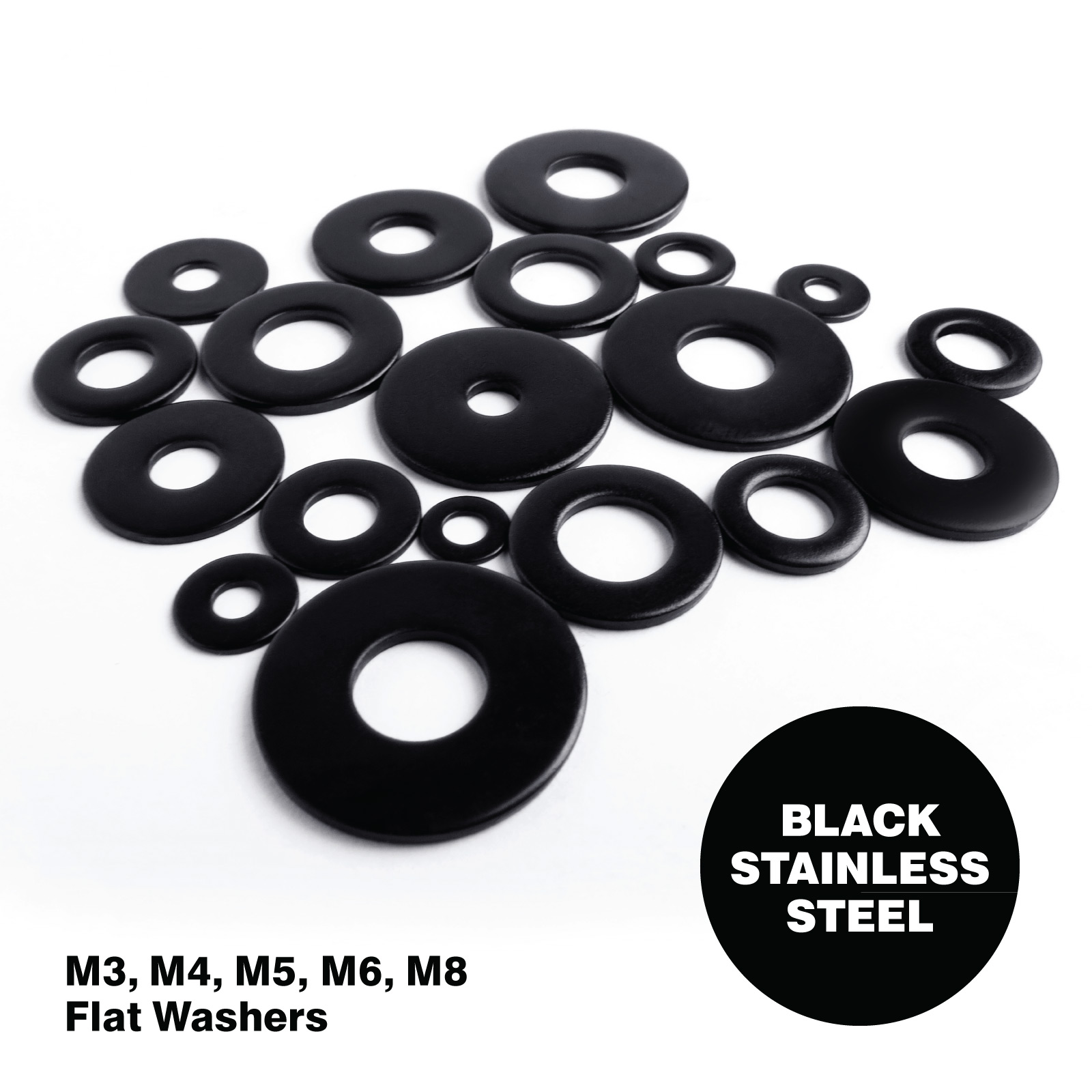 Black Stainless Steel Flat Washers (or penny washers) - M3, M4, M5, M6 ...